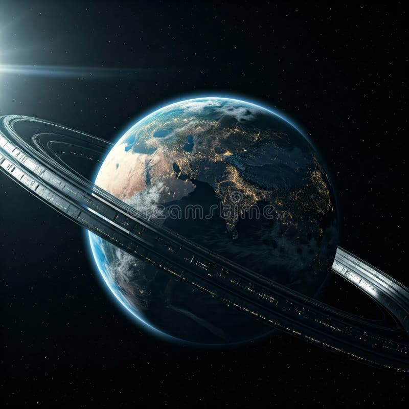 Futuristic Space Concept with Orbiting Ring Structure Around Earth at ...