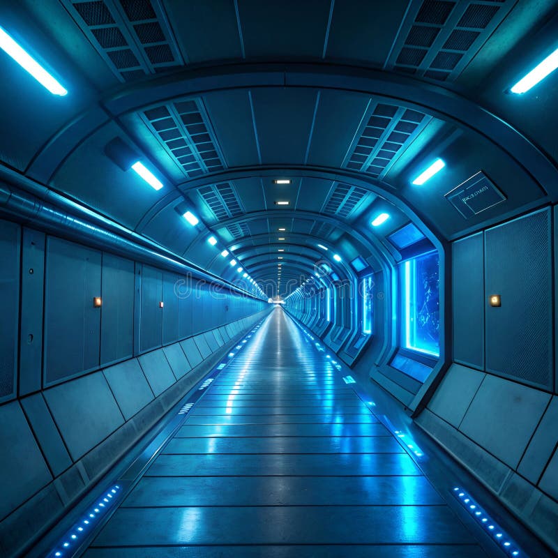 Futuristic Space Corridor with Blue Illuminated Panels Stock ...
