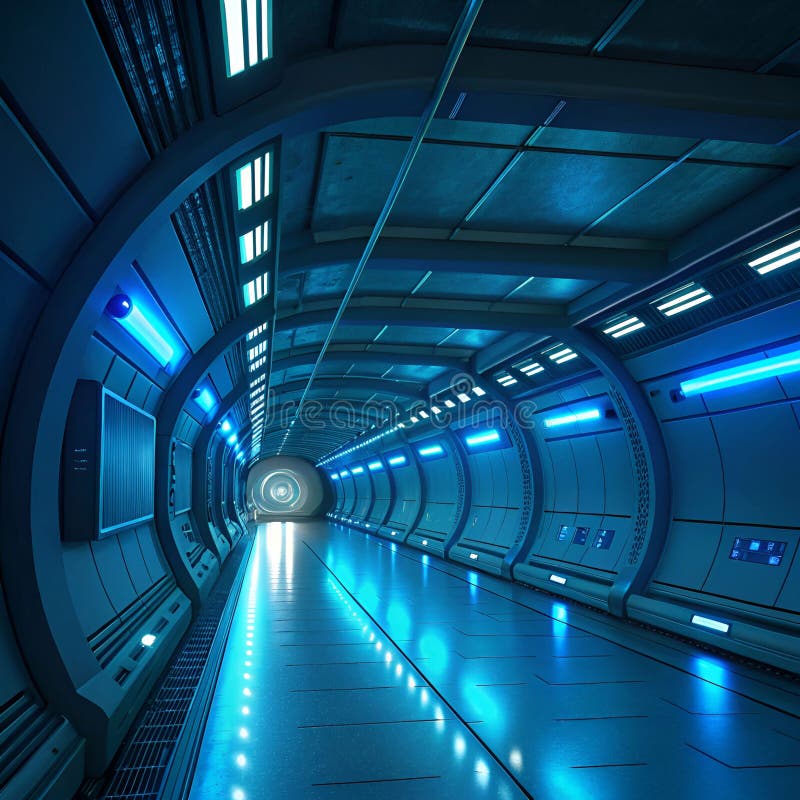 Futuristic Space Corridor with Blue Illuminated Panels Stock ...