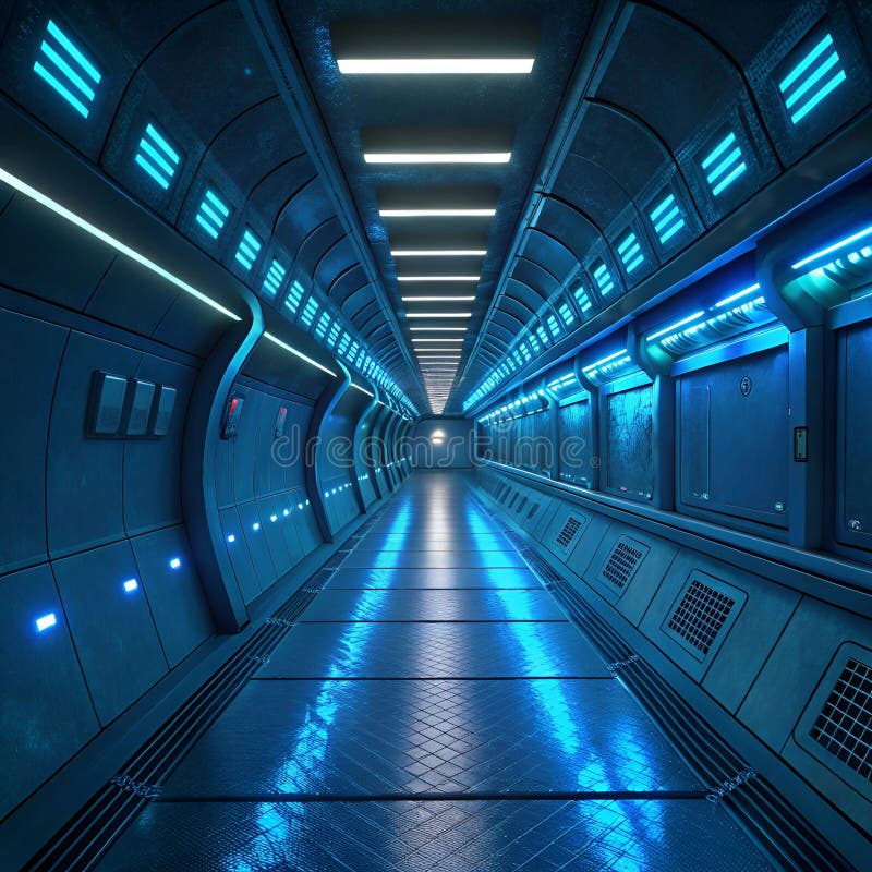 Futuristic Space Corridor with Blue Illuminated Panels Stock ...