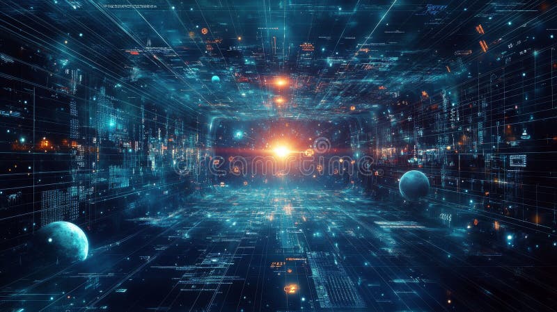 Futuristic Space Corridor with Glowing Planets Stock Illustration ...