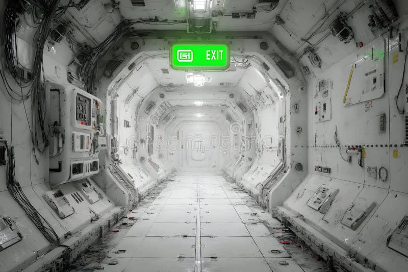 Futuristic Space Corridor with Illuminated Exit Sign and Sleek Metallic ...