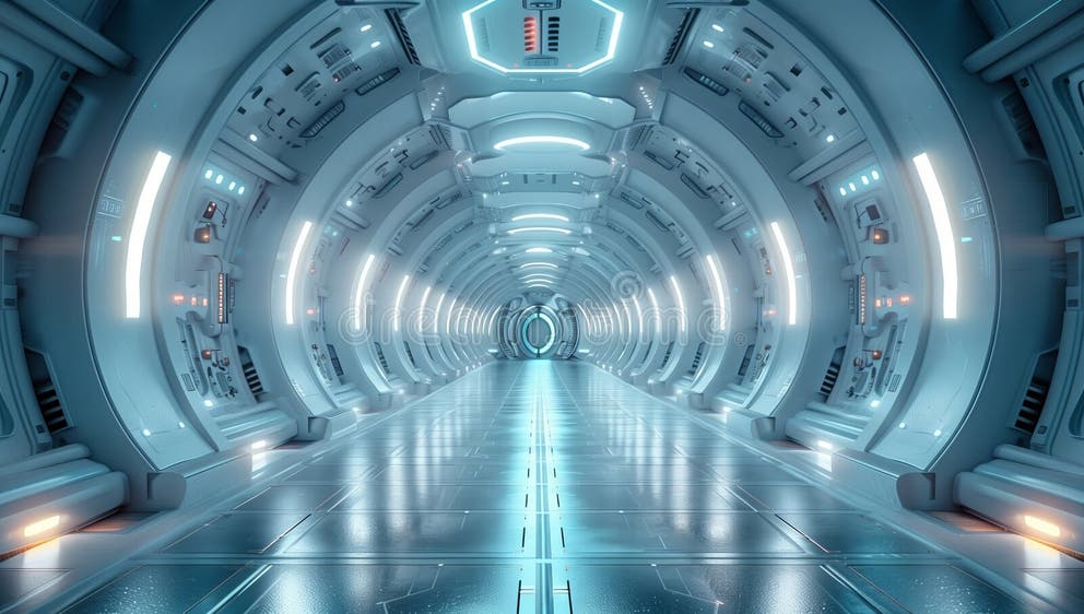 The Space Corridor in a Futuristic Scifi Style is Illuminated with Neon ...