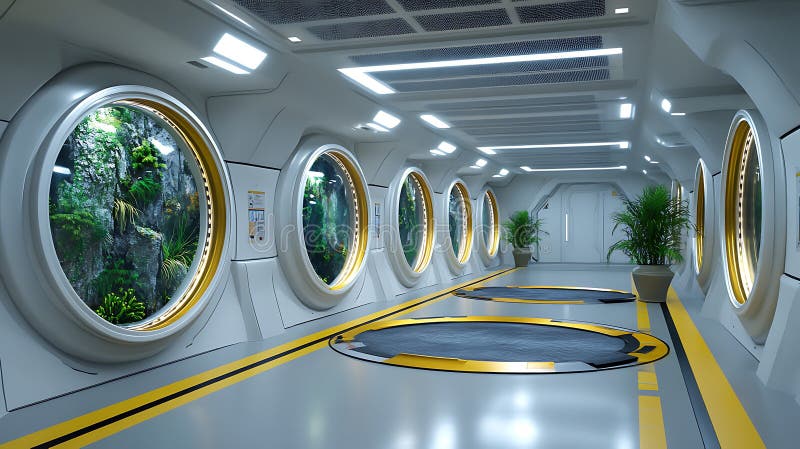 Futuristic Space Dock with Oval Windows and Lush Nature Stock ...