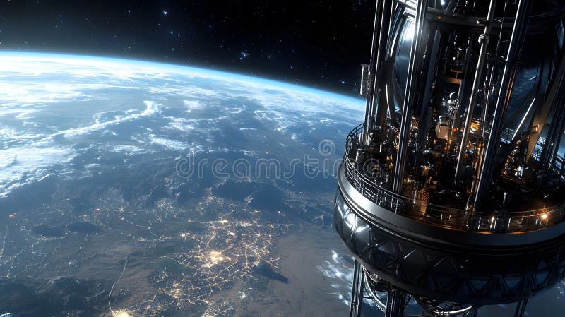 Futuristic Space Elevator Base Overlooking Earth, Showcasing Advanced ...