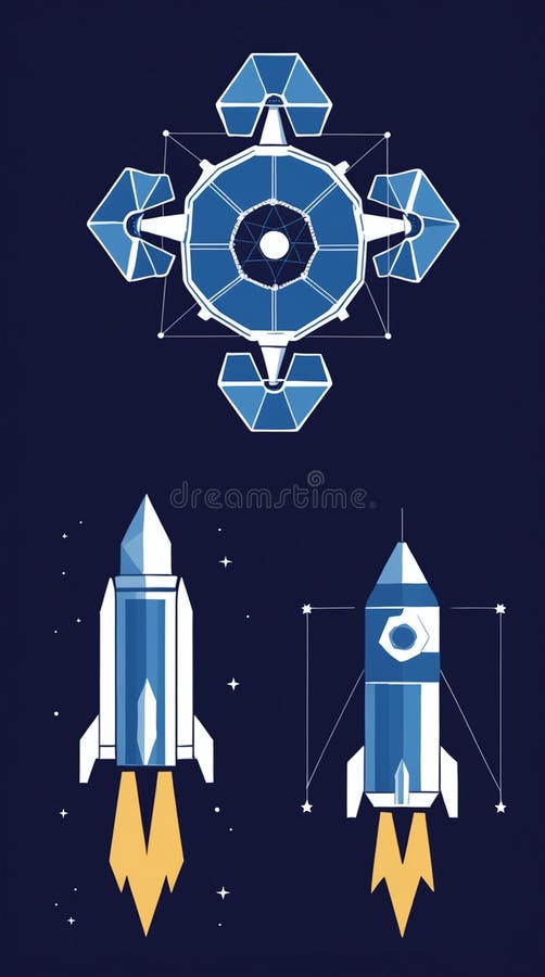 Futuristic Space Exploration: Geometric Rockets and Orbital Station in ...