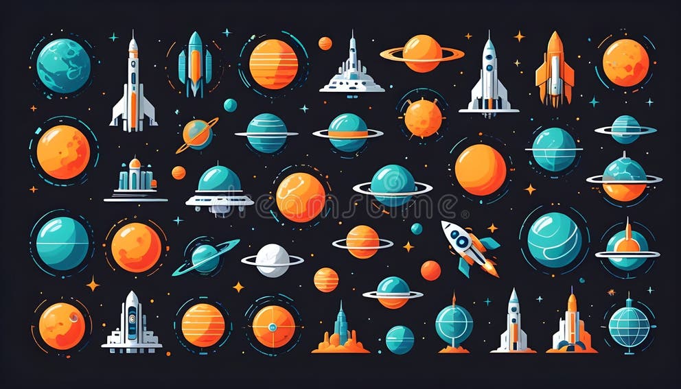 Futuristic Space Exploration Icons – Rockets, Planets, and Sci-Fi ...