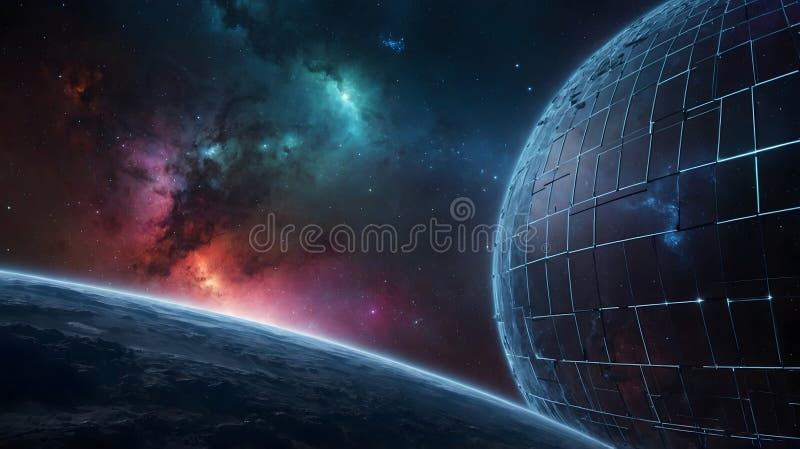 Digital Space Horizon: a Futuristic Grid with Stars, Nebulae, and a ...
