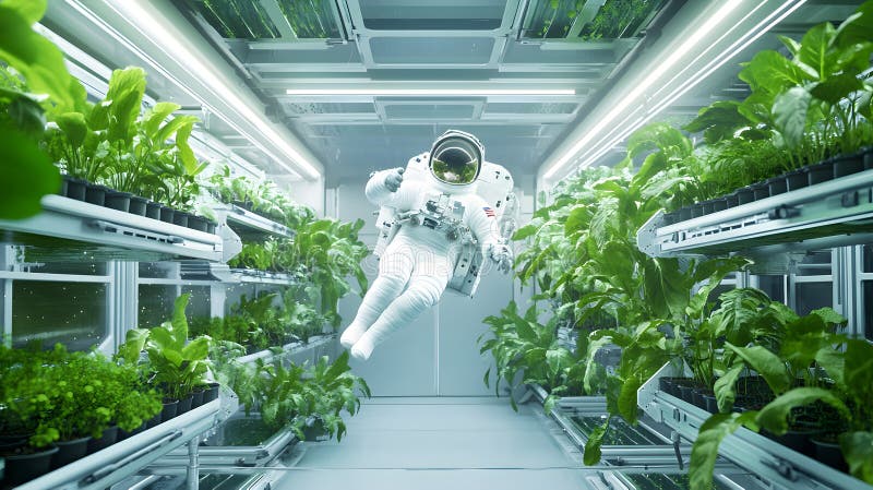 Futuristic Space Habitat Interior with Astronaut Tending To Plants ...