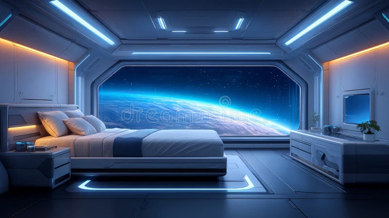 Futuristic Space Hotel Room with Earth Visible through Panoramic Window ...