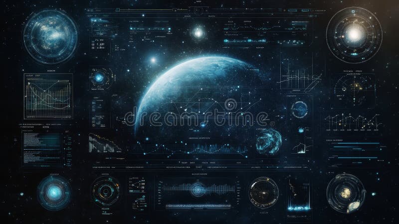 Futuristic Space Interface Featuring a Blue Planet, Stars, and Various ...
