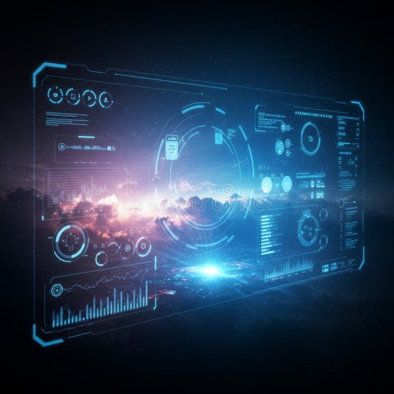 Futuristic Space Interface with Glowing Blue Graphics Stock ...