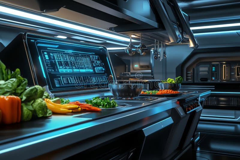 Futuristic Space Kitchen with High-tech Cooking Station and Fresh ...