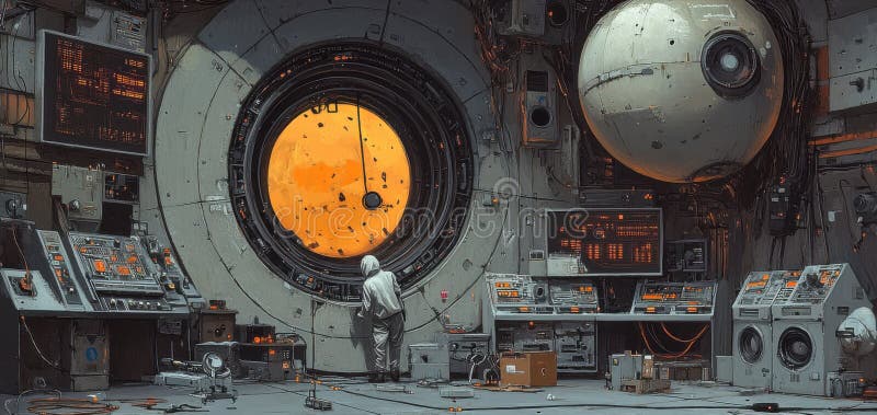 Futuristic Space Laboratory with Scientist Observing Orange Planet ...