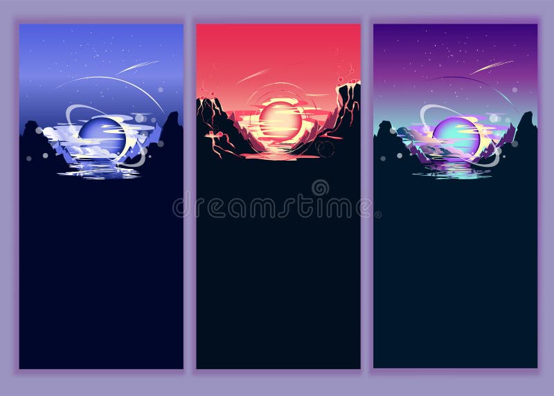 Futuristic Space Landscape with Planet, Mountains, Saturn and Clouds ...