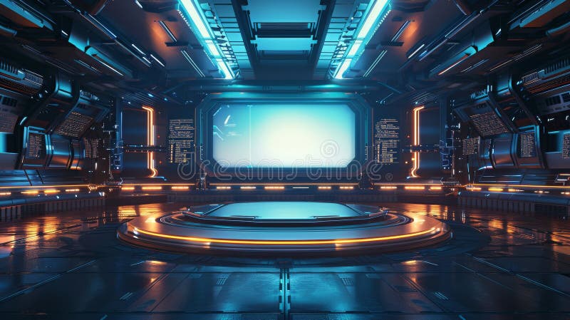 A Futuristic Space with a Blue Hologram Screen in the Center. the ...