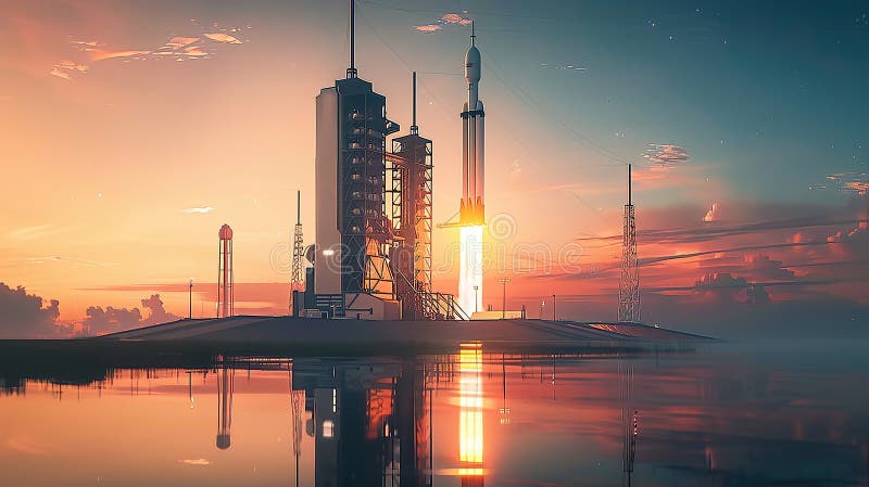 Futuristic Space Launch Vehicle on Rocket Pad at Sunset Stock ...
