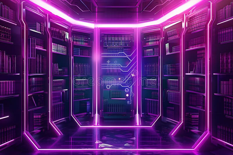 Futuristic Space Library with Neon Lighting. Stock Image - Image of ...