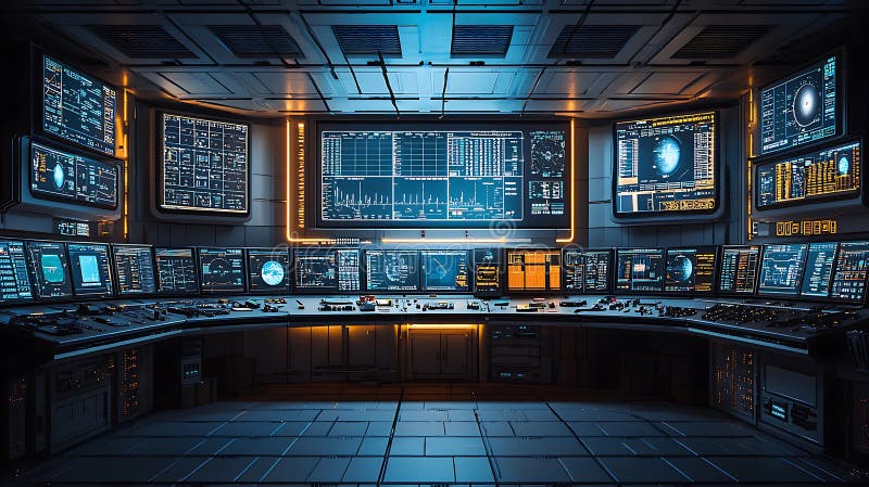 Futuristic Space Mission Control Room with Illuminated Screens and ...