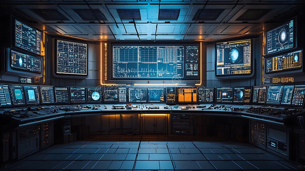 Futuristic Space Mission Control Room with Illuminated Screens and ...