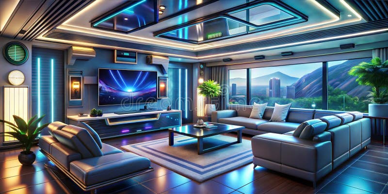 Futuristic Space with Neon Lighting, Sofa, and Digital Wall Screen ...