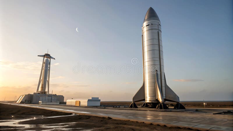Futuristic Space Rocket and Launch Pad at Sunrise Stock Photo - Image ...