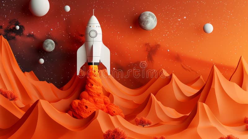 Futuristic Space Rocket Launching on a Red Planet with Multiple Moons ...