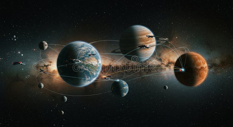 A Futuristic Space Scene Features Several Planets with Orbits and ...