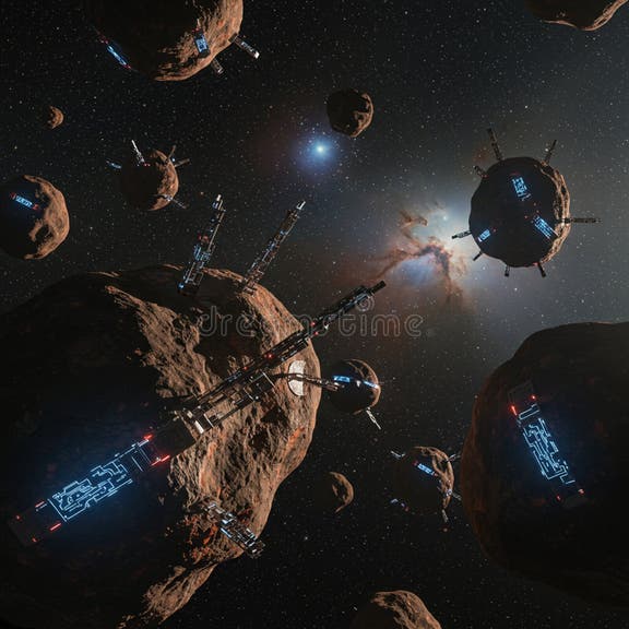 Futuristic Space Scene Featuring a Cluster of Asteroids with Mechanical ...