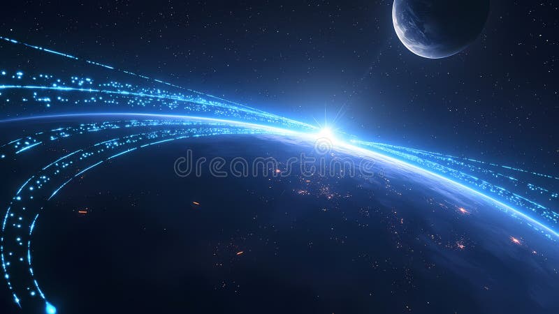 Futuristic Space Scene Glowing Blue Light Trails Arching Around Distant ...