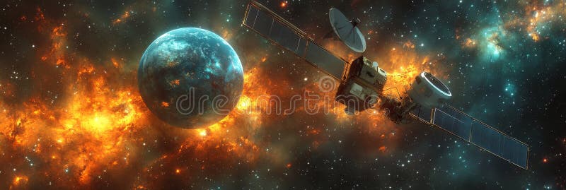 Futuristic Space Scene Showcasing Satellite and Spacecraft Orbiting a ...
