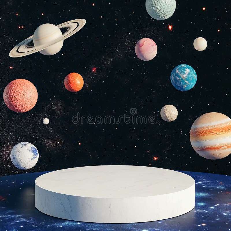 Futuristic Space Scene with White Circular Podium and Floating Planets ...