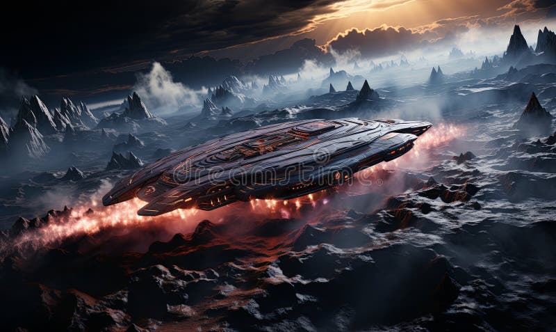 Futuristic Space Ship Soaring through Cloudy Sky Stock Image - Image of ...