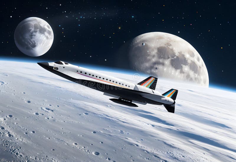 Futuristic Space Shuttle Over Moon Surface with Earth in Background ...