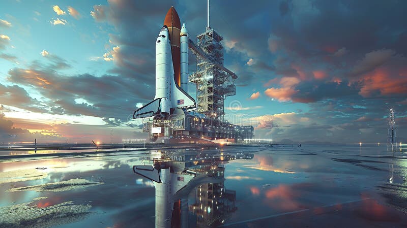 Futuristic Space Shuttle on a Launch Pad Reflecting in Water at Sunset ...