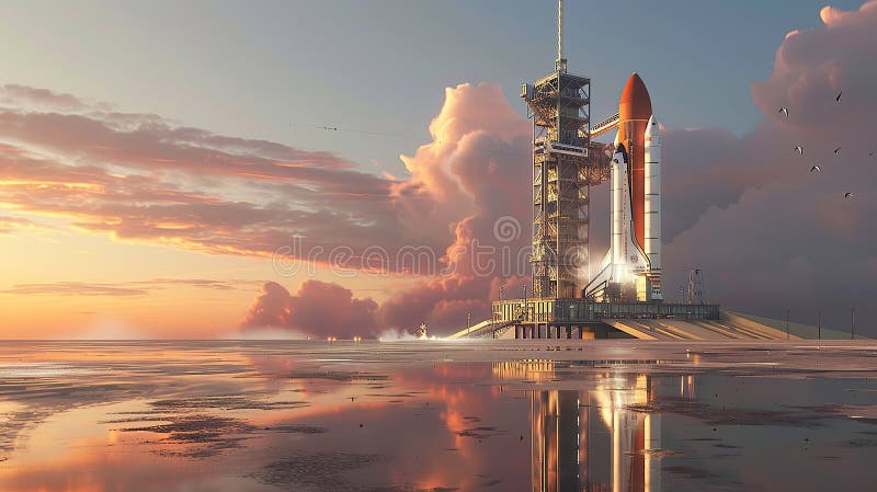 Futuristic Space Shuttle at Launch Pad during Sunset Stock Illustration ...