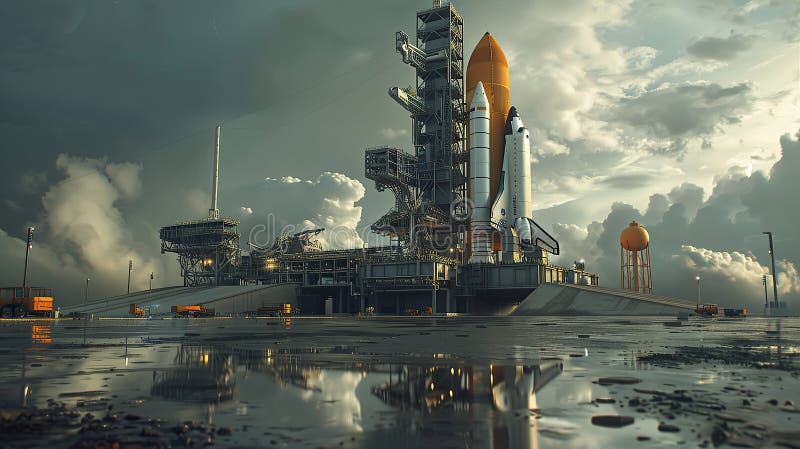Futuristic Space Shuttle Launch Pad with Towering Rocket Ready for ...
