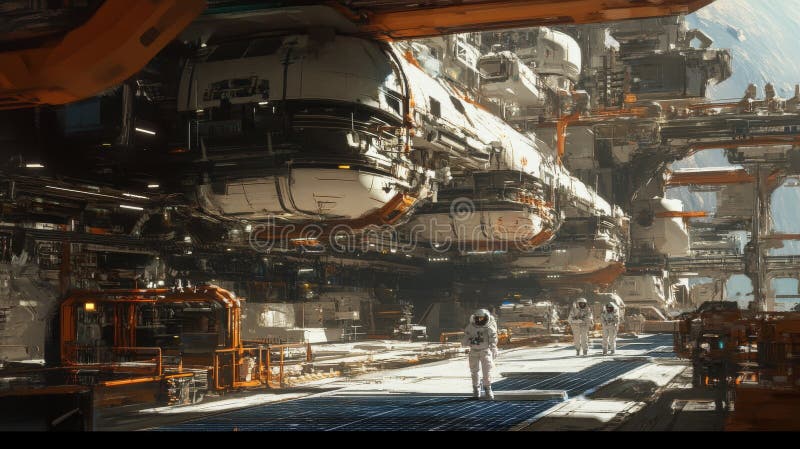 Futuristic Space Station with Astronauts in Docking Bay Stock Photo ...