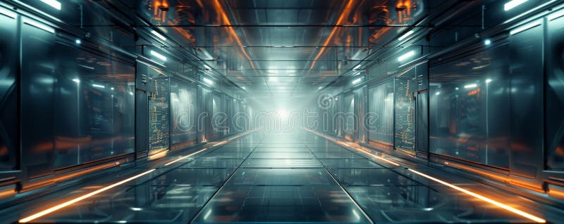 A Futuristic Space Station Background with Sleek Metallic Corridors ...