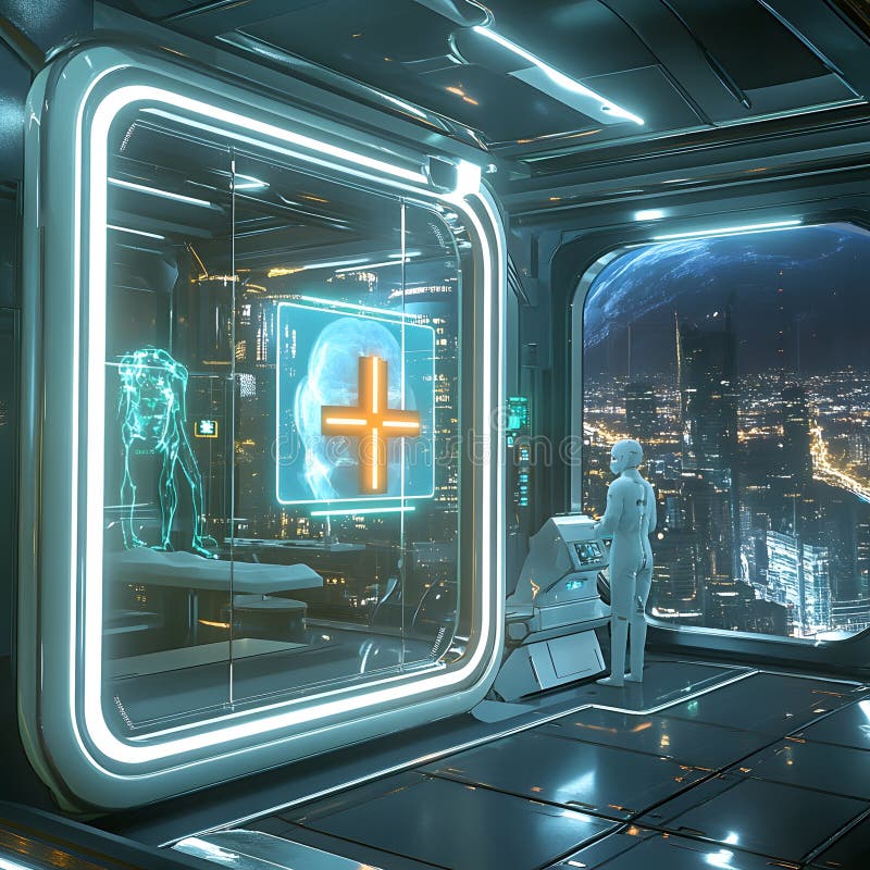 A Futuristic Space Station Clinic Orbiting Earth, Specializing in ...