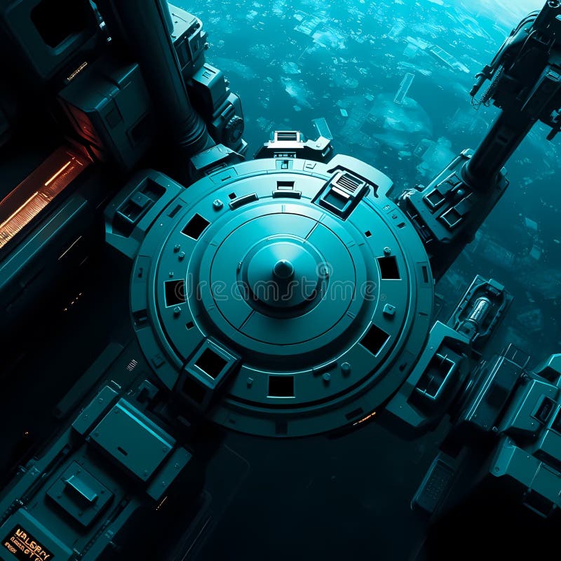 A Futuristic Space Station with Complex Mechanisms and Bright Blue ...