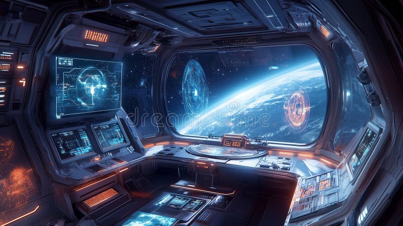 Futuristic Space Station Control Room with Large Window Revealing Earth ...
