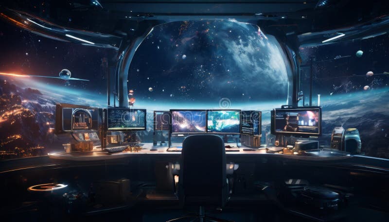 Futuristic Space Station Control Room with Multiple Monitors Stock ...
