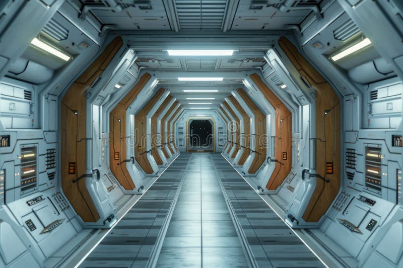 Futuristic Space Station Corridor Interior with Illuminated Panels and High-Tech Design Elements ...