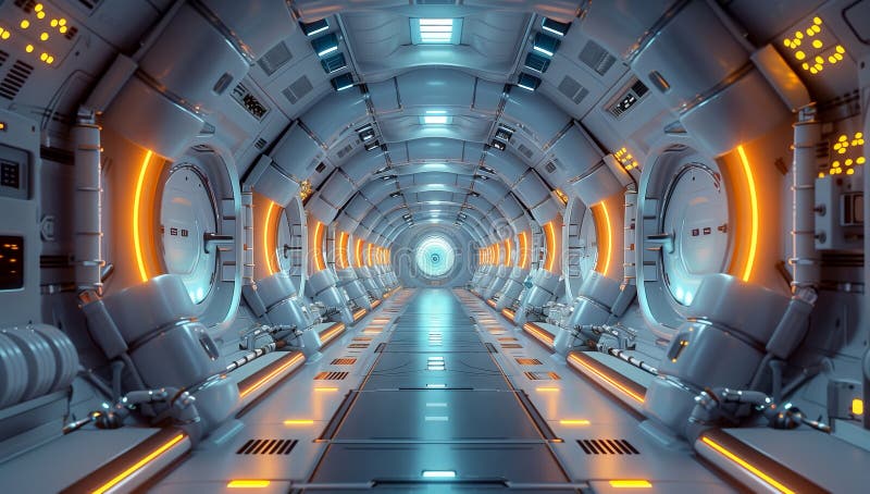 Futuristic Space Station Corridor with Neon Lights, Advanced Technology ...