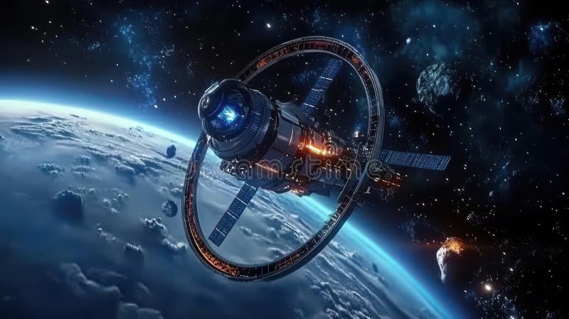 Futuristic Space Station, Equipped with Solar Panels and a Circular ...