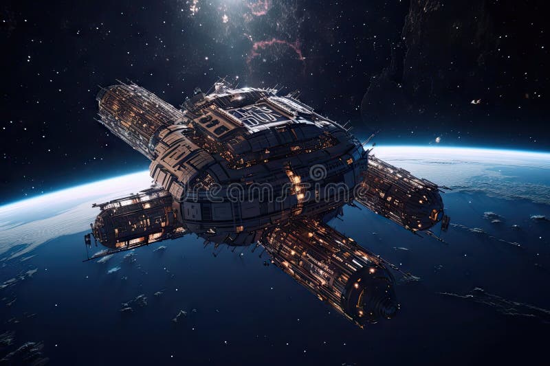 Futuristic Space Station, Floating in the Cosmos, with View of Distant ...