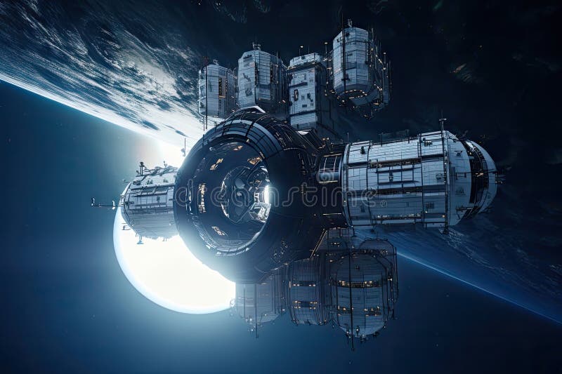 Futuristic Space Station, Floating in the Cosmos, with View of Distant ...