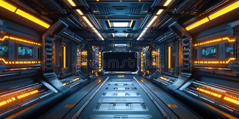Futuristic Space Station with Glowing Panels and High-Tech Interiors in ...