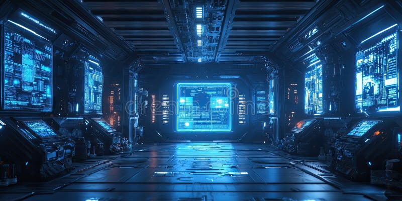 Futuristic Space Station with Glowing Panels and High-Tech Interiors in ...